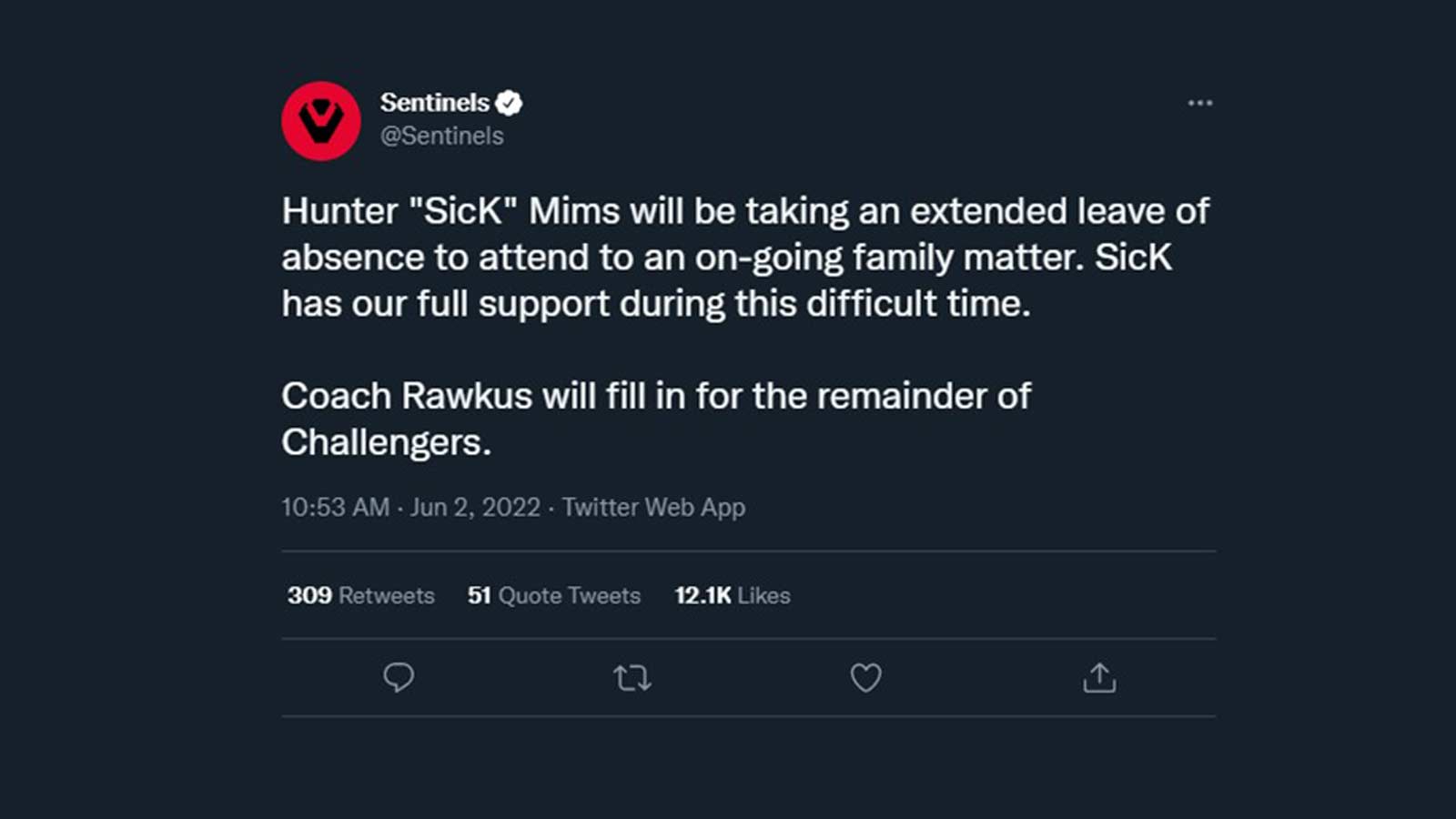 Sentinels to play without SicK for the rest of VCT NA Stage 2 ...