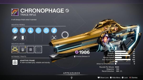 Destiny 2 Chronophage god roll -- legendary Void Trace Rifle | ONE Esports